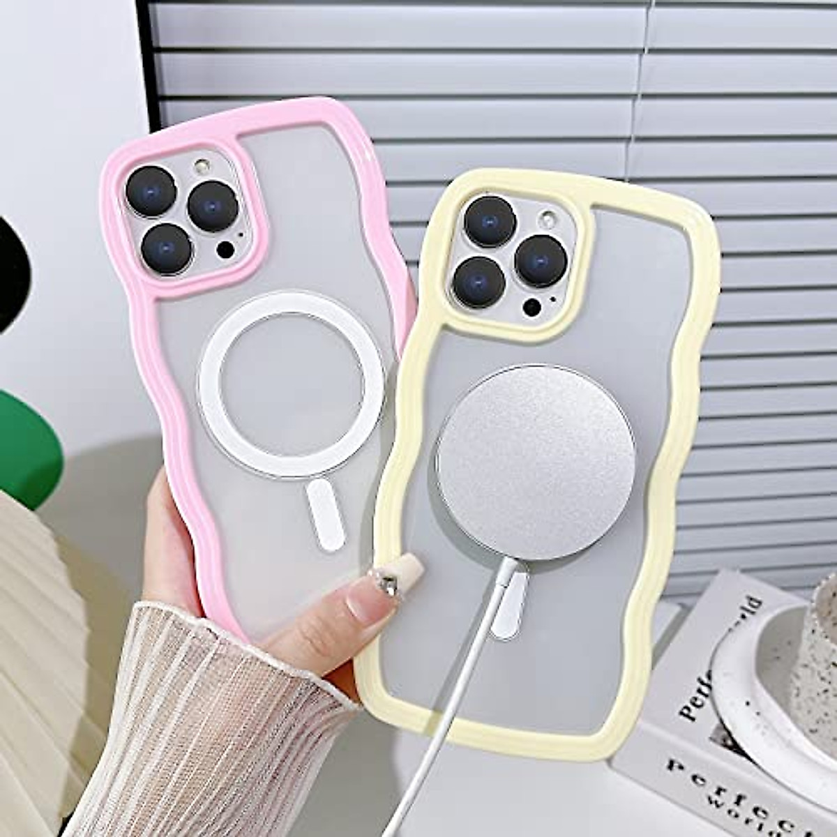 Yeddabox Compatible for iPhone 13 Pro Max Case with Magsafe, Wave Magnetic Phone Case Cute Water Ripple Candy Colors Frame Shockproof for iPhone 13 Pro Max Phone Case for Women 6.7 Inch - Pink