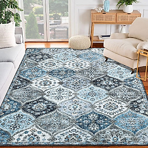 GarveeHome Washable Area Rug Moroccan Trellis Living Room Rug Non-Slip Stain Resistant Accent Rug Vintage Distressed Floral Floor Cover Carpet for Bedroom Laundry Room, 4' x 6', Blue/Grey