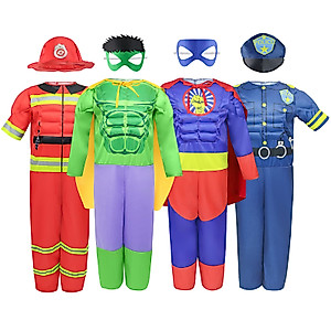 Teuevayl Boys Muscle Chest Dress up Costumes Set Trunk with Superhero, Policeman, Fireman, Kids Pretend Role Play , Boys Dress up Clothes for Kids Ages 4-7