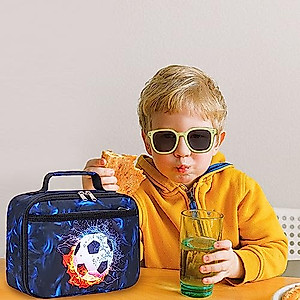 LEDAOU Lunch Bag Kids Insulated Lunch Box Boys Girls Insulated Reusable Lunch Bag for School Picnic Hiking Work (Soccer Black Blue)