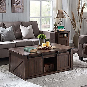 SinCiDo 48” Lift Top Coffee Table with Storage & Sliding Groove Barn Door, Farmhouse Coffee Table Rustic Wood Cocktail Table w/Double Storage Spaces for Living Room, Brown