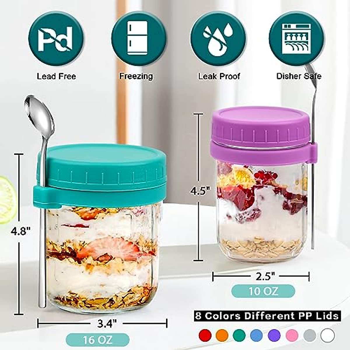 ZIZOTI 12 Pcs Glass Overnight Oats Containers with Lids and Spoons,2 Size 16 Oz & 10 Oz Mason Overnight Oat Jars, Airtight Breakfast Meal Prep Glass Container to Go for Chia Yogurt Salad Cereal Fruit