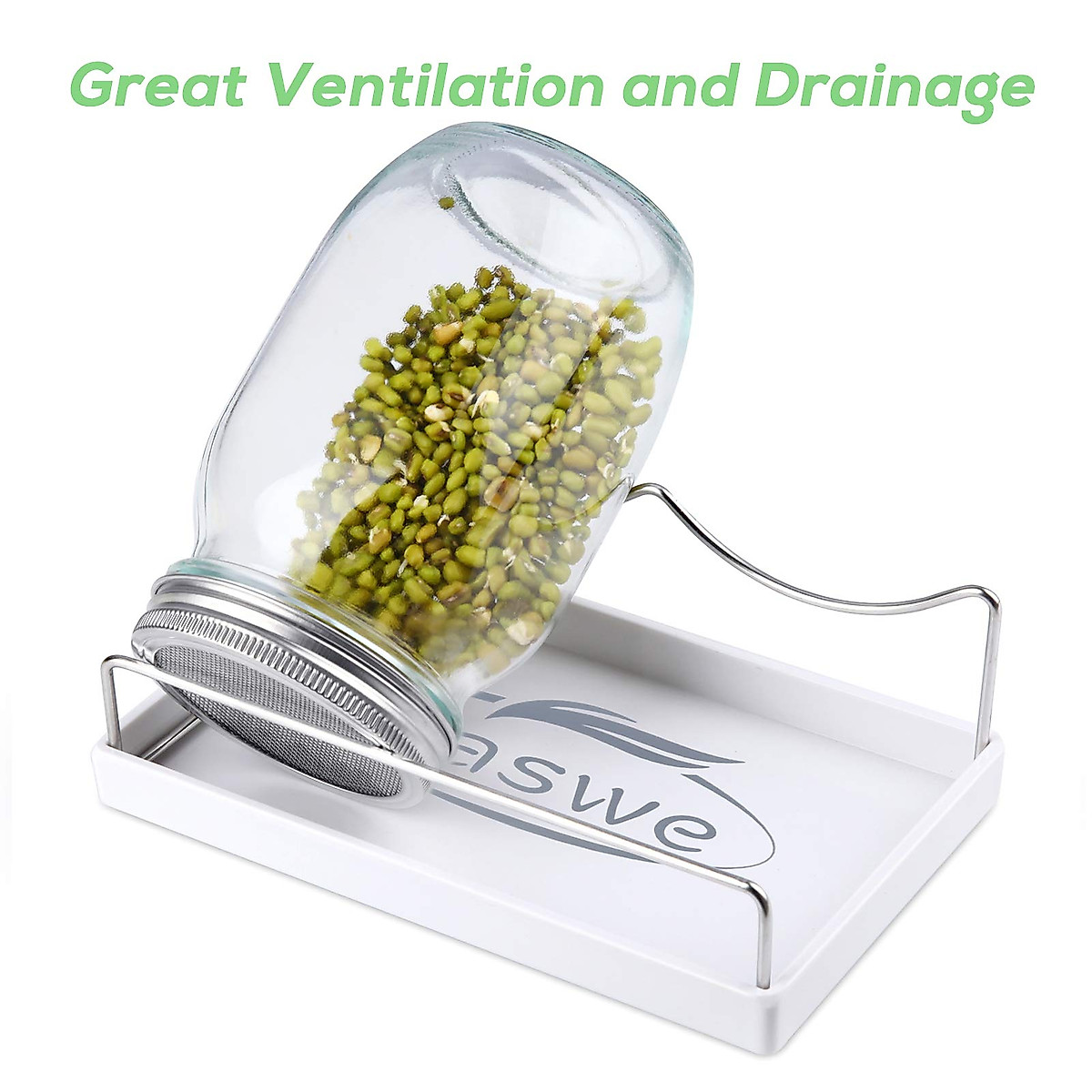 Seed Sprouting Jar Kit | 2 Wide Mouth Mason Jars & Stainless Steel Screen Lids,Tray,Stand and Canning Brush | Sprouter Set to Grow Broccoli, Alfalfa,Organic Microgreens Sprouts & Mung Bean (White)