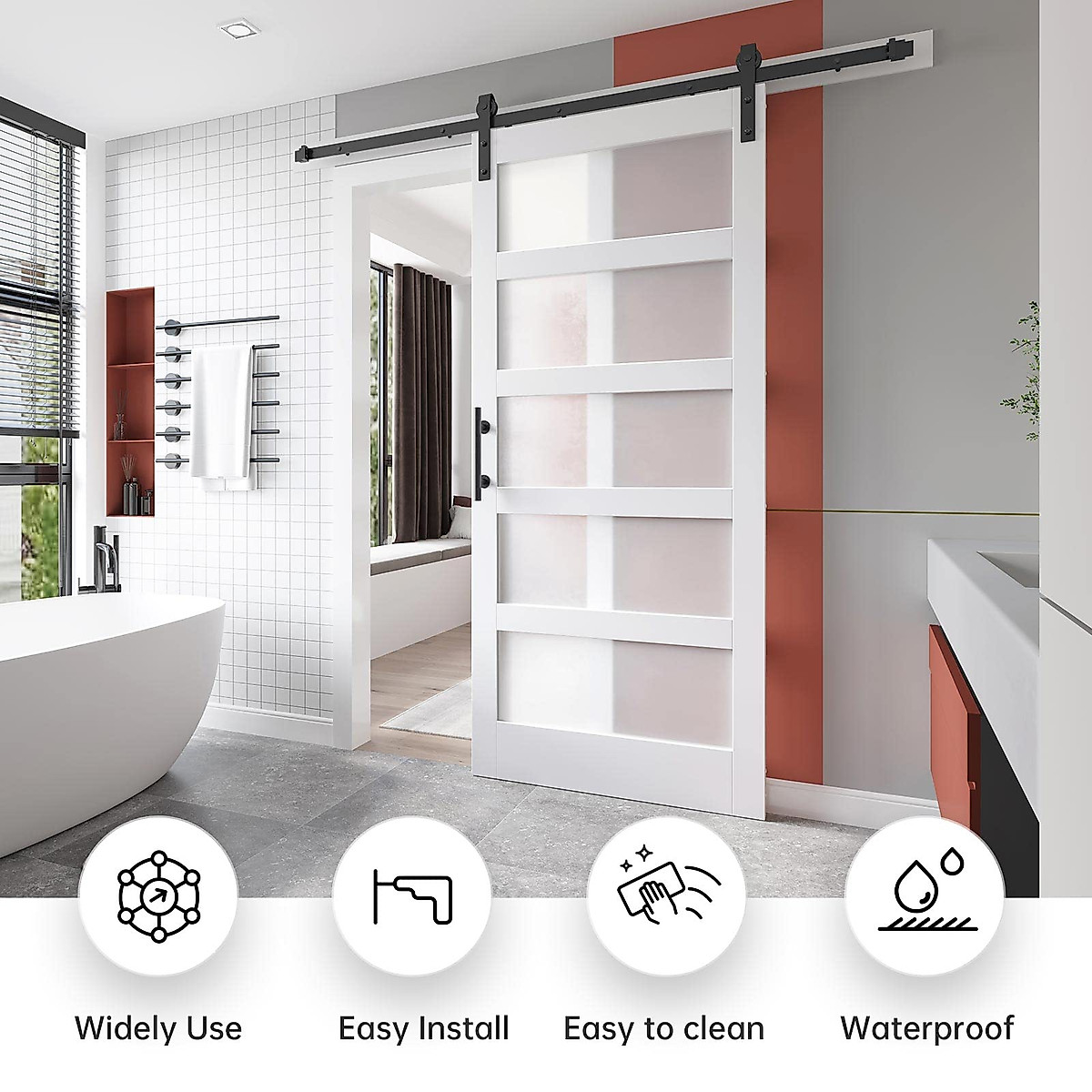 EaseLife 36in x 84in Glass Barn Door with 6.6FT Sliding Door Hardware Kit Included & Handle,Solid LVL Wood Covered with Water-Proof & Scratch-Resistant PVC Surface,DIY Assembly,5-Panel Glass,White