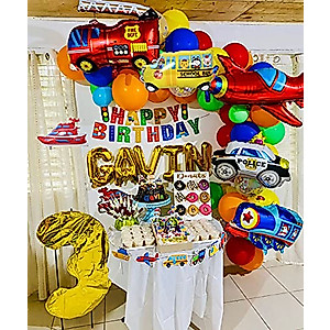 BIRLON Construction Birthday Party Supply, Transport Vehicle Theme Decoration for Boy Baby Shower, Red Green Yellow Blue Balloon Garland Arch Kit Car Reusable Truck Plane Train Police School Bus Foil