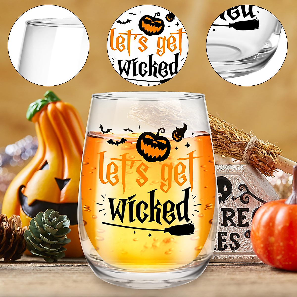 2 Pack Halloween Stemless Wine Glasses 15 Oz Pumpkin Drinking Wine Glass Cups Let's Get Wicked Wine Glass Tumbler for Halloween Party Whiskey Cocktail Tea Water Juice (LET'S GET WICKED)