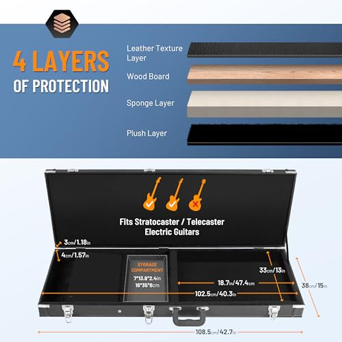 CAHAYA HardShell Wood Case Electric Guitar Hard Case Rectangle Shaped Guitar Case Hardshell for Standard Electric Guitars with Lock Latch Keys Black CY0209