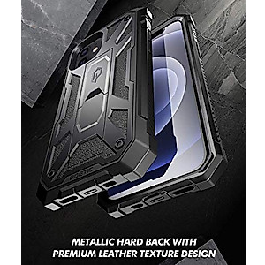 Poetic Spartan for iPhone 12/ iPhone 12 Pro 6.1 inch Case, Full-Body Rugged Dual-Layer Metallic Color Accent with Premium Leather texture Shockproof Protective Cover with Kickstand, Metallic Gun Metal