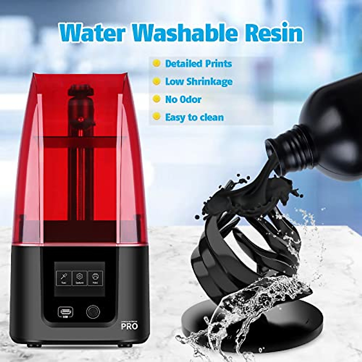 Water Washable 3D Printer Resin - 405nm Water Wash Resin, Low Odor LCD UV Curing 3D Printing Resin – Easy to Clean Photopolymer Resin for SLA 3D Printer (Black, 1KG)
