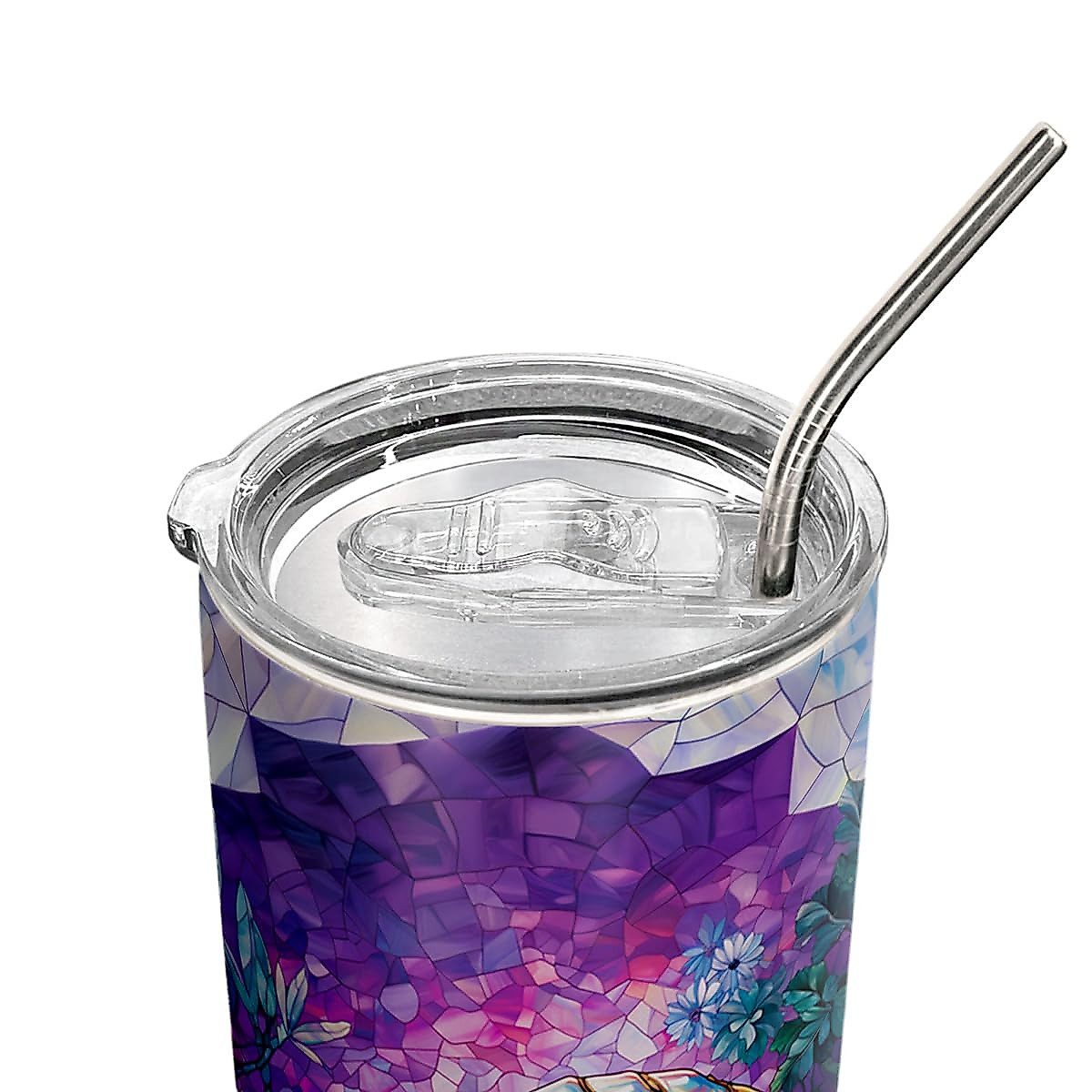 20oz Purple Stained Glass Flower Sea Turtle Tumbler, Gifts for Turtle Lovers, Ocean, Beach Gifts, Coffee Thermos for Women, Stainless Steel Double Wall Vacuum Insulated Coffee Mug, Travel Cup with Lid