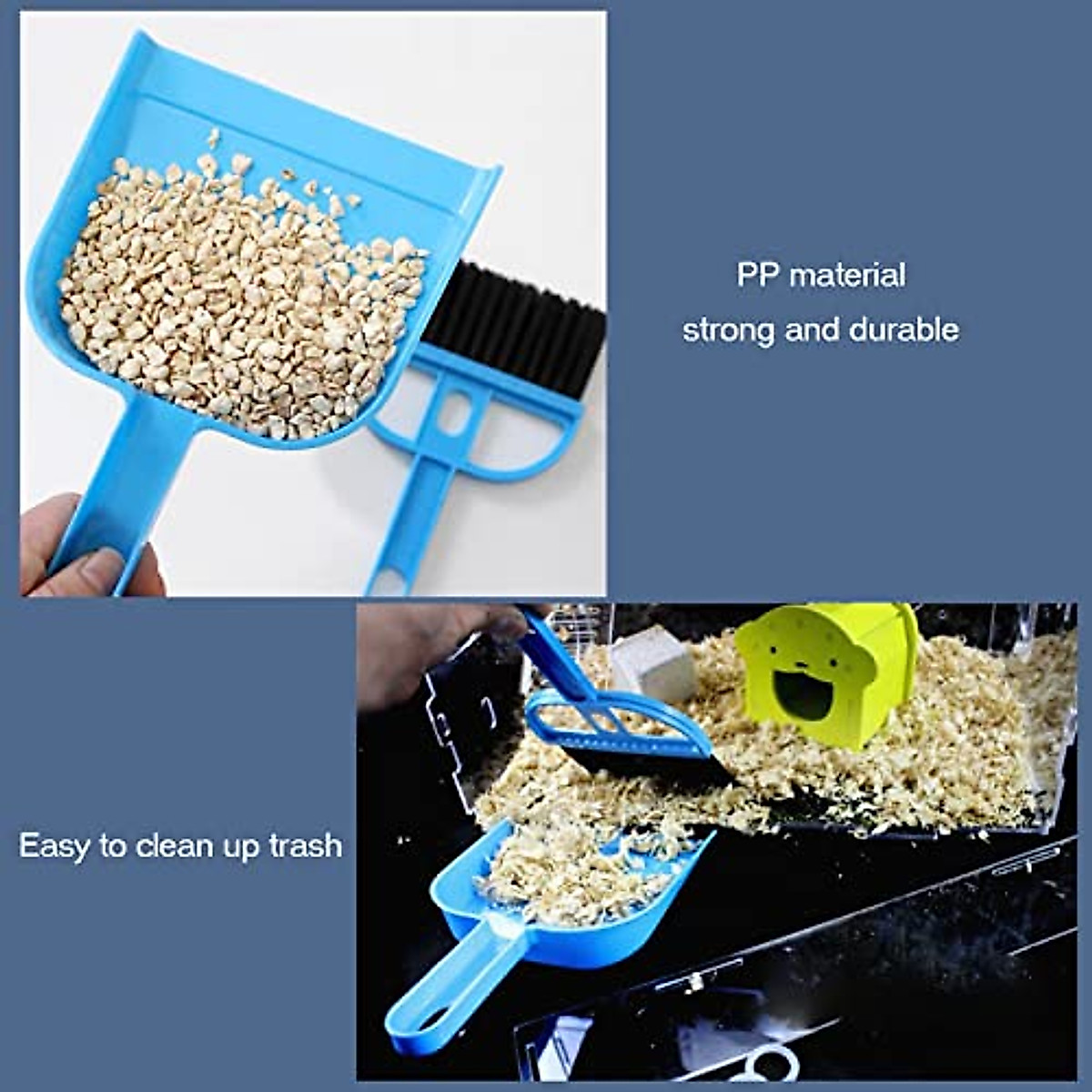SEIS 3 Pack Hamster Mini Dustpan and Broom Set Guinea Pig Classical Besom Chinchillas Sweeper Cavy Cage Clean Hedgehogs Scooper for Small Animal (Blue)