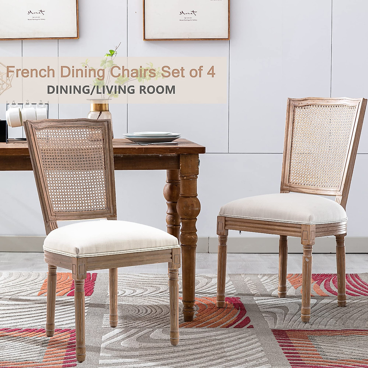 Nrizc Farmhouse Dining Room Chairs Set of 4, French Dining Chairs with Square Rattan Back, Solid Wood Legs, French Bistro Chairs for Dining Room/Living Room/Kitchen/Restaurant