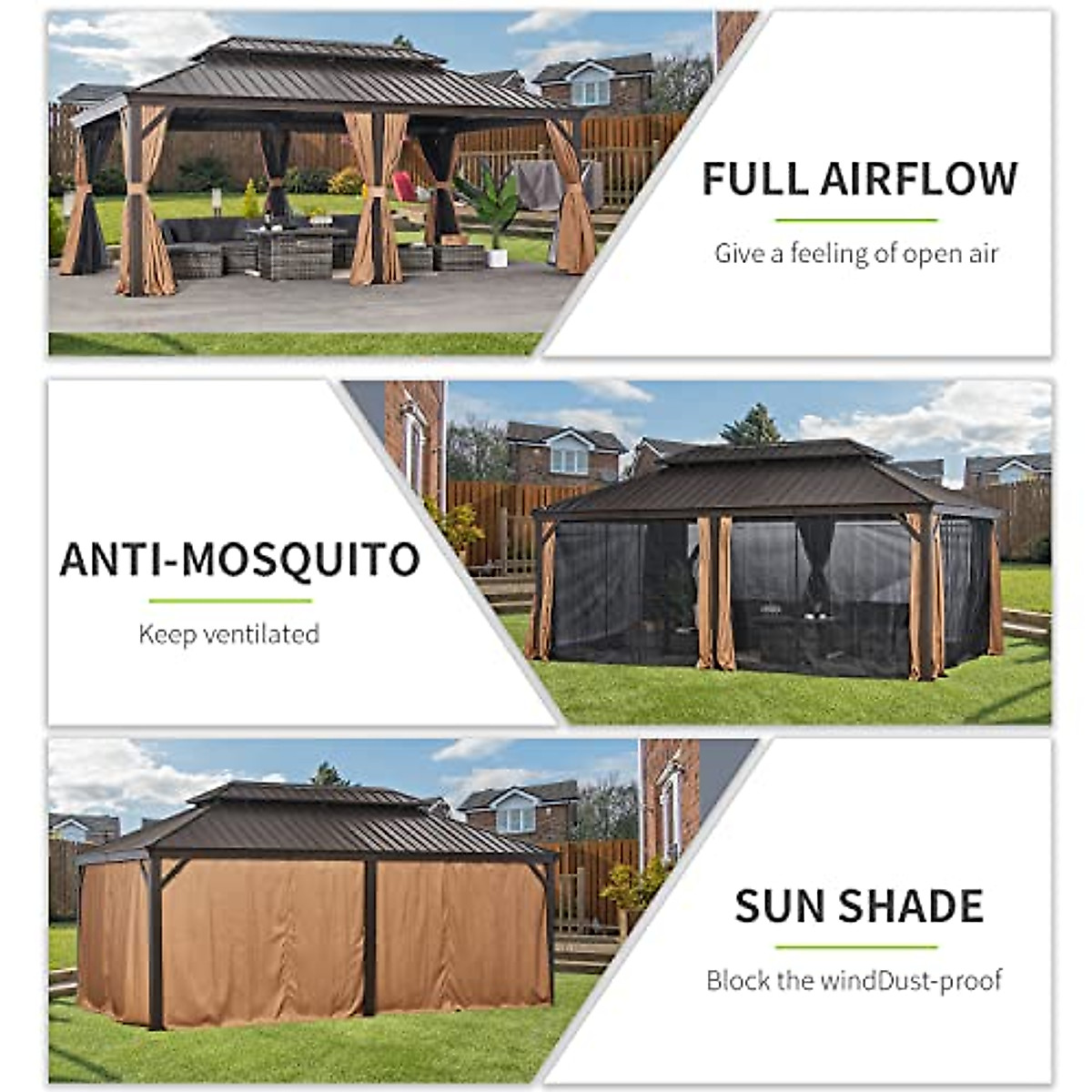 Aoxun 12FT×20FT Hardtop Aluminum Gazebo, Outdoor Metal Frame Canopy Gazebo with a Mosquito Net and Privacy Sidewalls, All-Weather Gazebo Canopy for Patio, Garden, Backyard, Brown