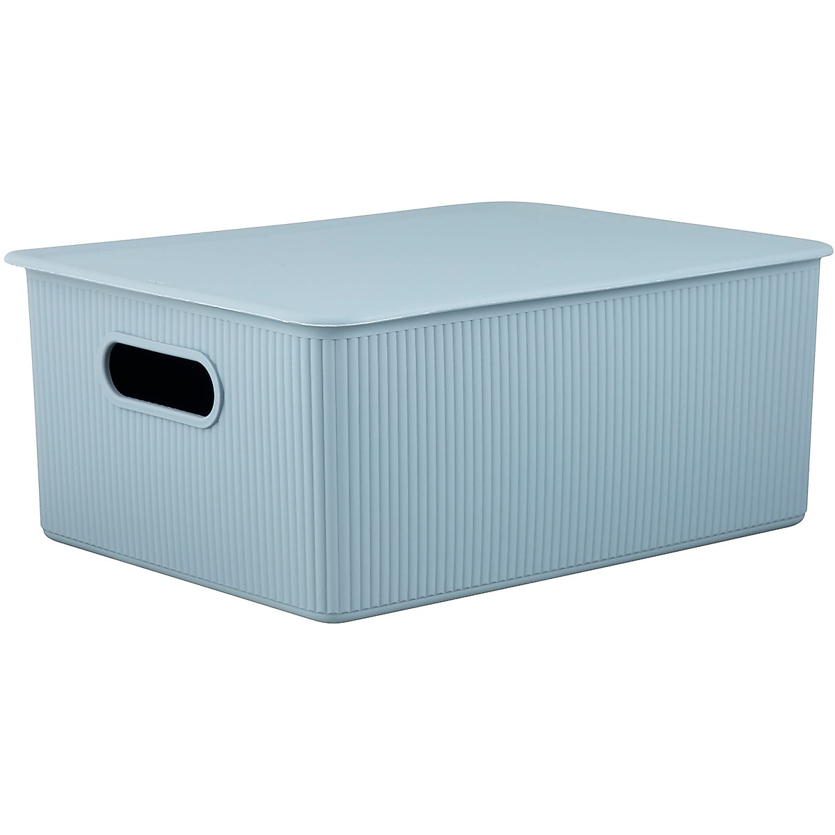 Superio Ribbed Collection - Decorative Plastic Lidded Home Storage Bins Organizer Baskets, Large Blue (1 Pack - 15 Liter) Stackable Container Box, for Organizing Closet Shelves Drawer Shelf