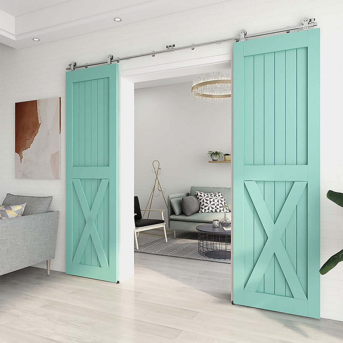 TSMST 10FT Sliding Barn Door Hardware Kit, Top Mount Stainless Steel Heavy Duty Sturdy Barn Door Track for Double Wood Door, Slide Smoothly Quietly (T Style)