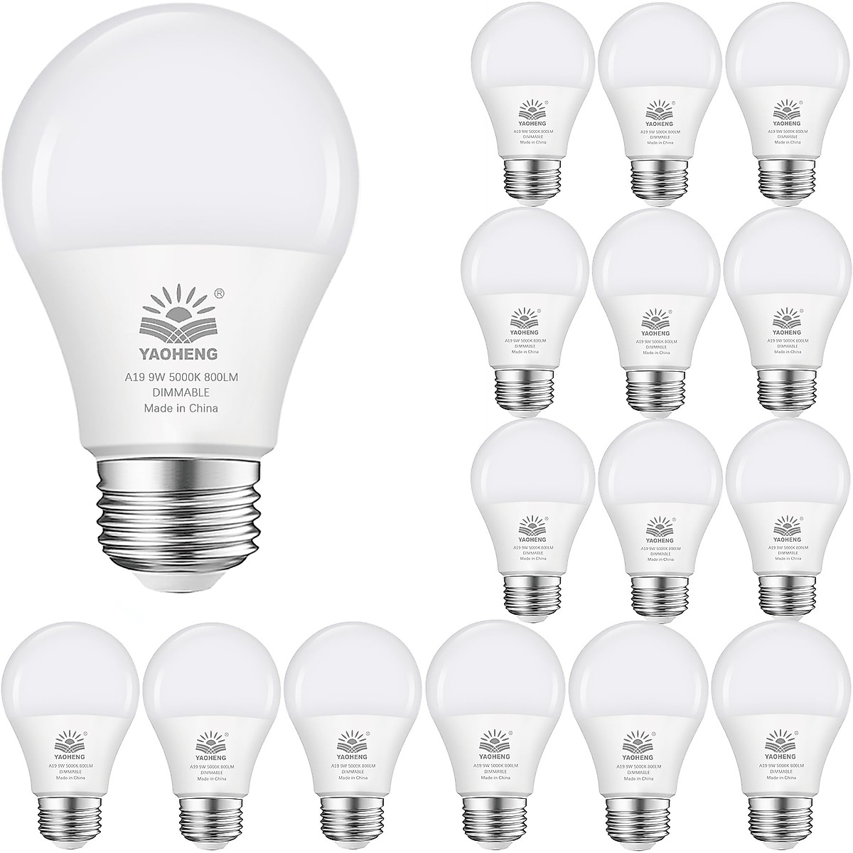 YAOHENG A19 LED Light Bulb, 9W(60W Equivalent) LED Bulbs, E26 Standard Base, 5000K Daylight, 800 Lumens, Dimmable 9W Bright White Light Bulbs for Home Office (16-Pack)