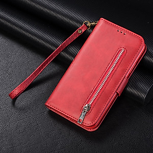 XIMAND for Samsung Galaxy Z Fold 5 5G Phone Case, Zipper Slot Card Wallet Case with Luxury Shockproof Cowhide Leather, [RFID Blocking] Folio Flip Cover Protective(Red)
