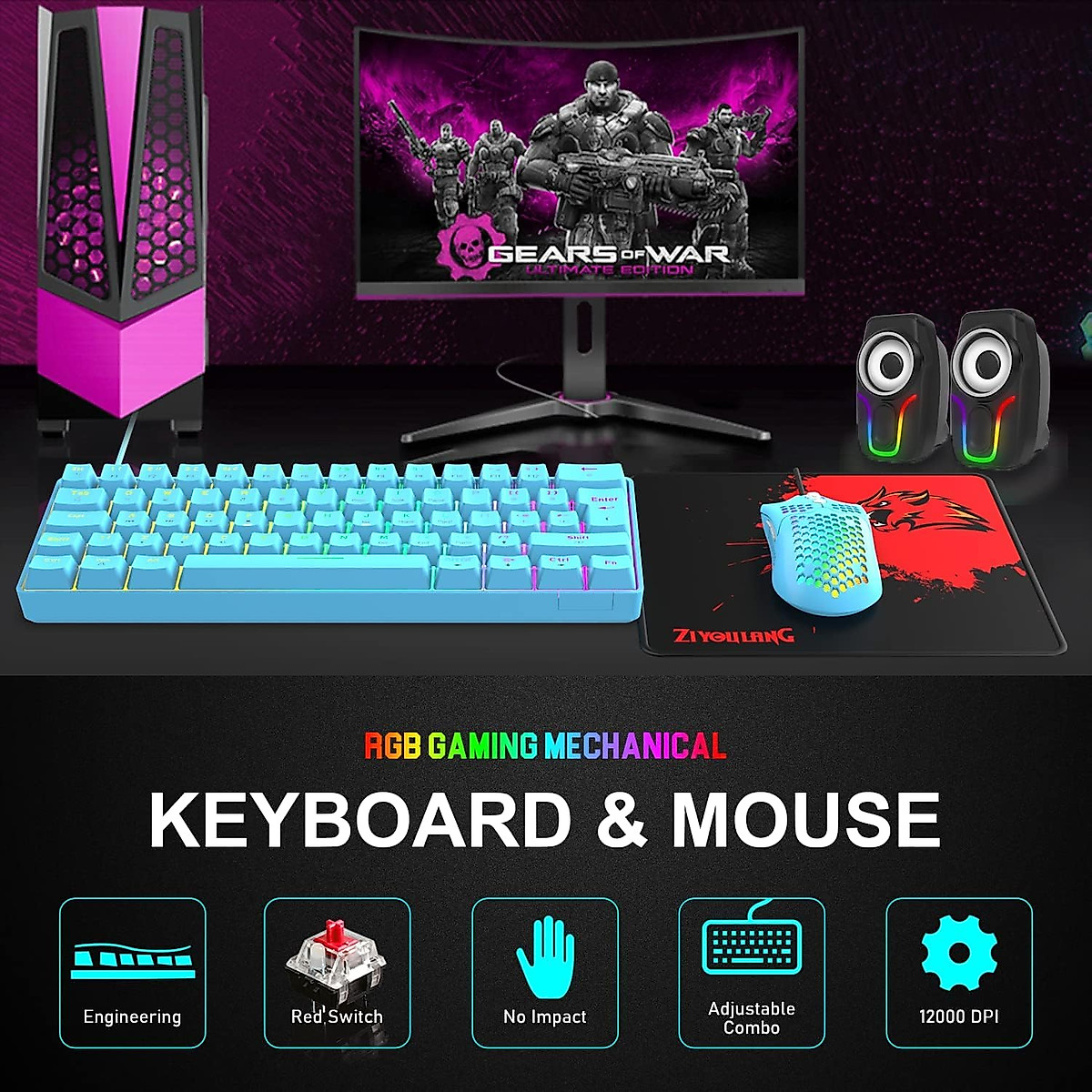 SELORSS ZIYOULANG T60 60% Compact Mechanical Gaming Keyboard RGB Chroma Type C Ergonomic Mini Keyboard UK Layout 12000DPI Gaming Mouse Honeycomb Shell for PC/PS4/PS5/Xbox(Red Switch)