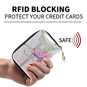 susiyo Paris Eiffel Tower Ballerina Dancing Girl Credit Card Wallet, RFID Blocking Compact Women Leather Card Holder Zipper Purse
