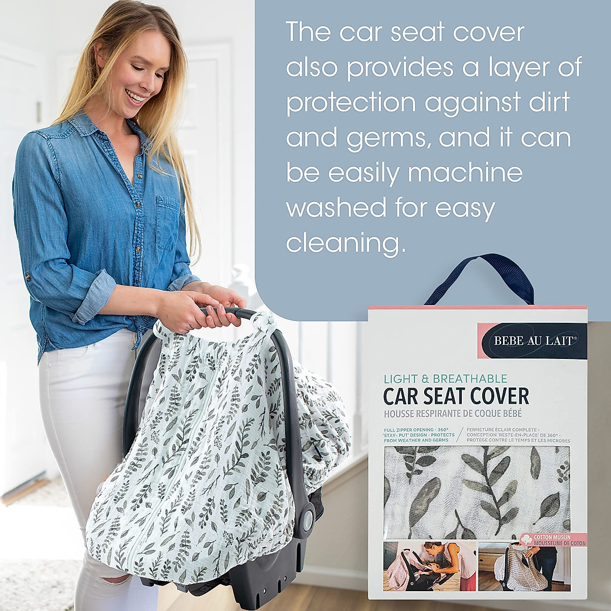 Bebe au Lait Classic Muslin Car Seat Cover -Perfect Baby Car Seat Covers for Babies, Car Seat Canopy, Unisex Baby Car Seat Cover- Easy Snap Straps, Fully Zippered Opening, Breathable- Leaves