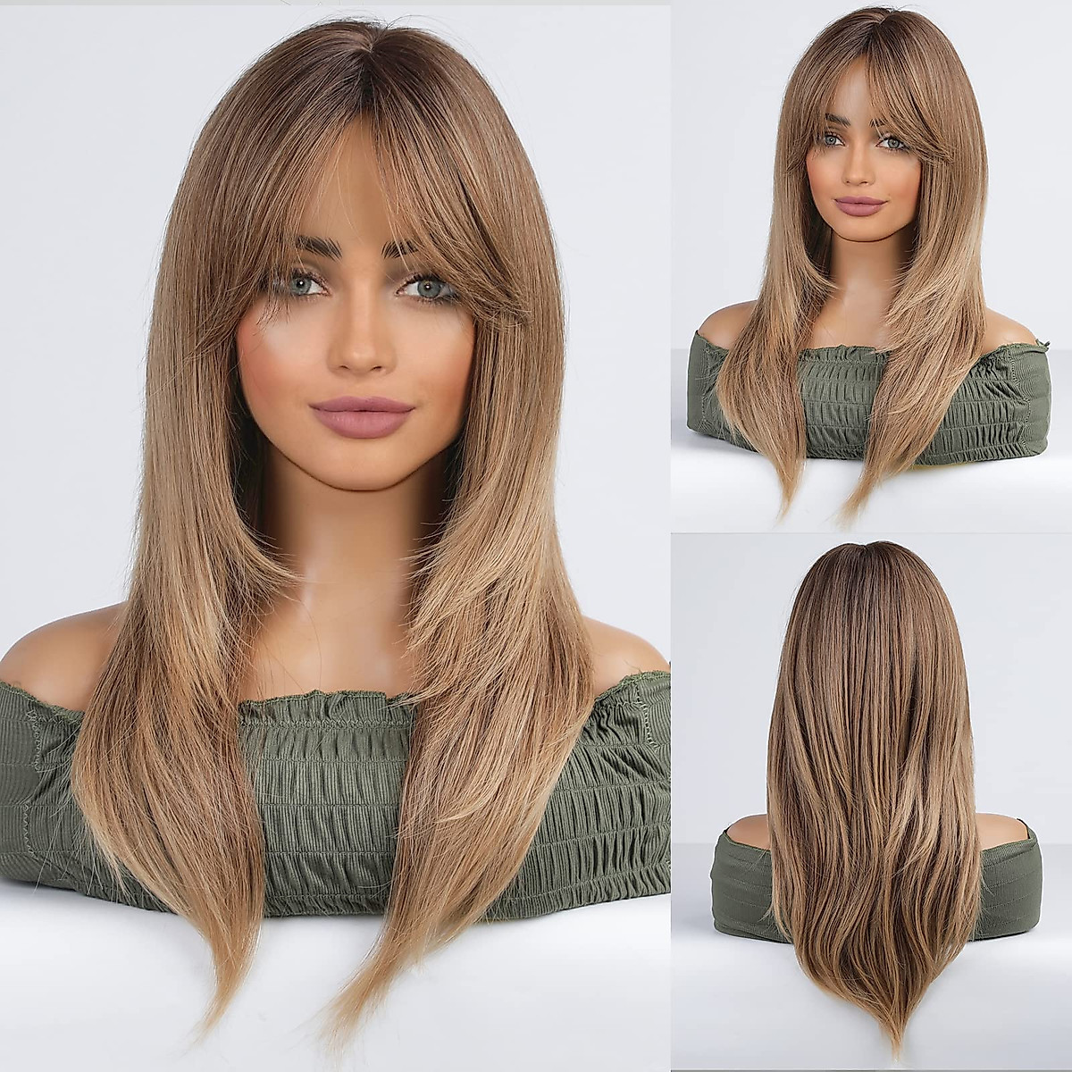 Alanhair Long Ombre Brown Wigs for Women,HAIRCUBE Layered Synthetic Wig with Bangs Heat Resistant Fiber
