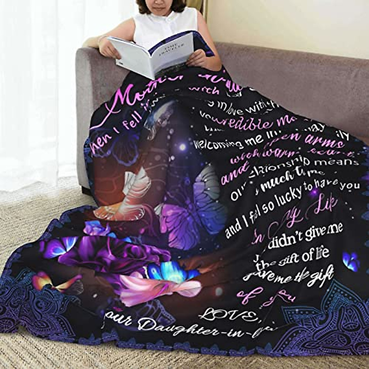 AJIIUSV to My Mother in Law Blanket Quilt for Mom Throw Blankets Mothers Day Blanket Gifts for Mother in Law Gratitude Flannel Blanket Butterfly Birthday Women's Day Gifts 50"x60"