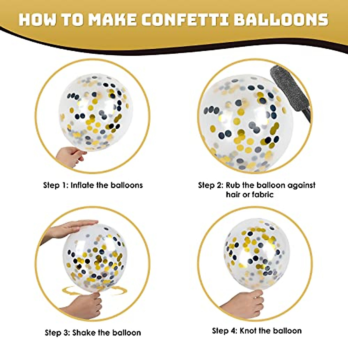 RUBFAC 65pcs 12 Inches Black Gold Confetti Balloons Kit, Metallic Gold and Black White Party Balloons with Ribbons for Birthday, Wedding, Baby Shower, Graduation Decorations