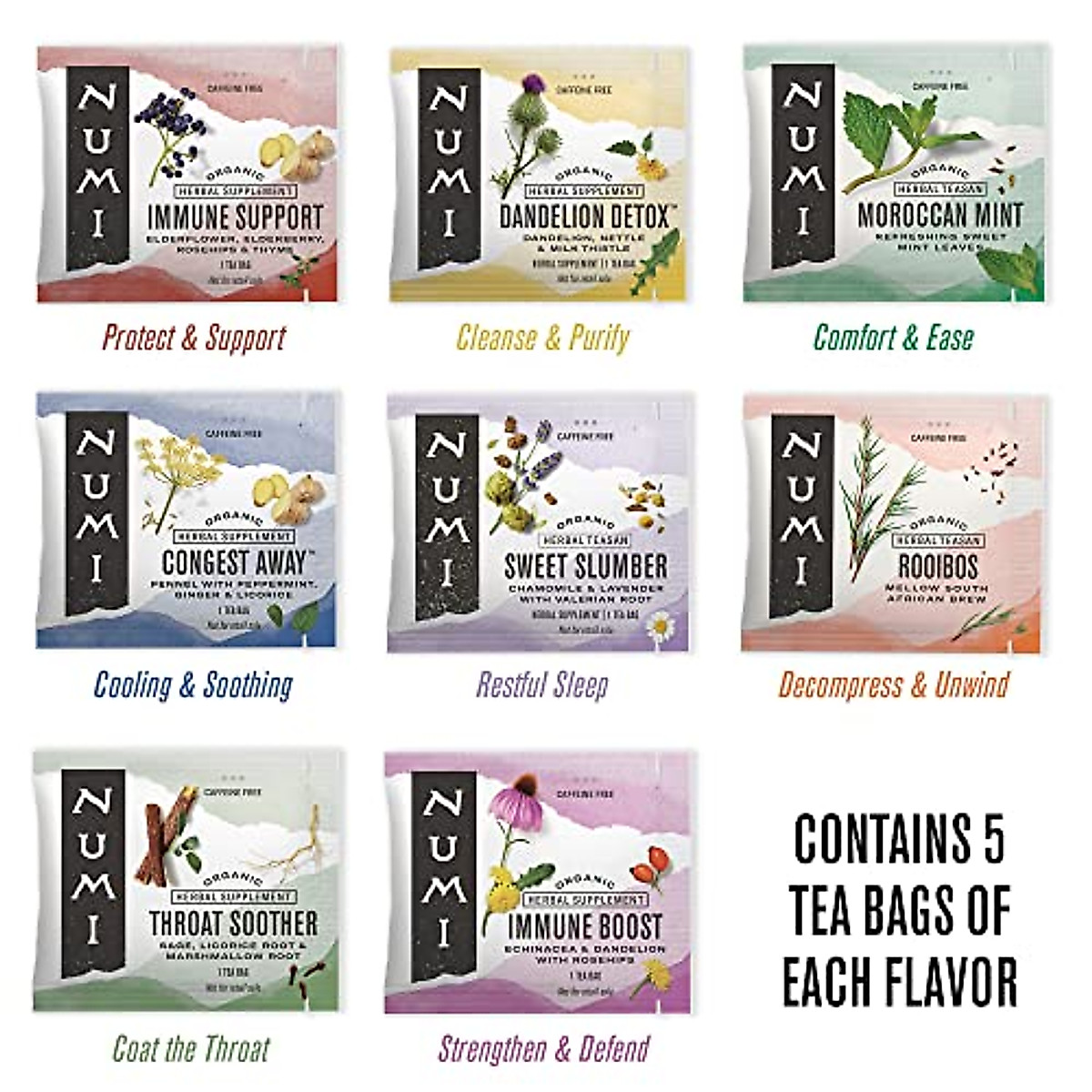 Numi Organic Tea Self-Care Sampler, Herbal Tea Gift Set, 40 Tea Bags Assortment