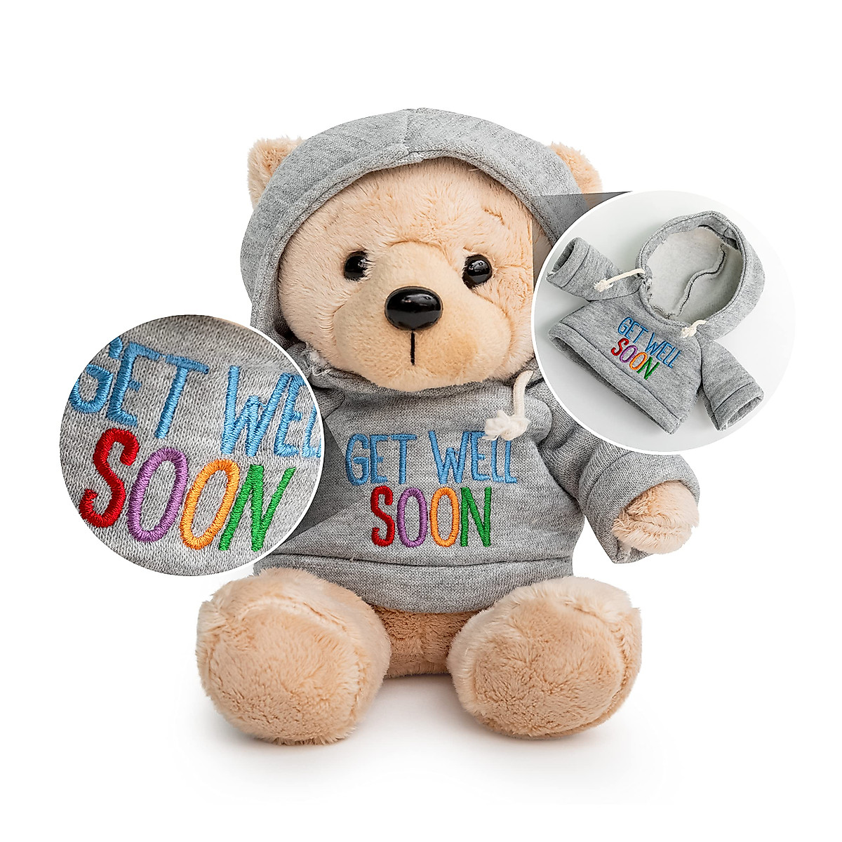 Ganz 9" Get Well Soon Teddy Bear with Gray Hoodie - Feel Better Gift for Kids & Women (Tan Nose Stuffed Animal)