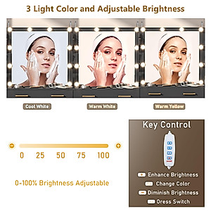 jiteentarou Glass Top Vanity Desk with Mirror and Lights, Large Vanity Makeup Mirror Desk with Charging Station Compartment Storage Drawers, Modern Makeup Vanity with 9 Drawers 6 Shelves, Black