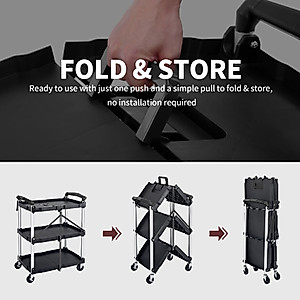 UNICOO Foldable Plastic Utility Cart, Heavy Duty, 3-Tier Rolling Service Cart with Lockable & Silent Wheels, Anti-Rust & Easy Clean for Restaurant, Office, Garage & More, 25.6x15.7x33.5 (Black)
