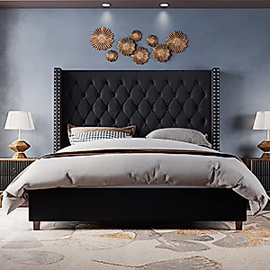 Jocisland 61.4" Tall Bed Frame Queen Size Upholstered Bed Wingback Headborad Velvet Tufted Handmade Pleat Deep Button/No Box Spring Needed/Black