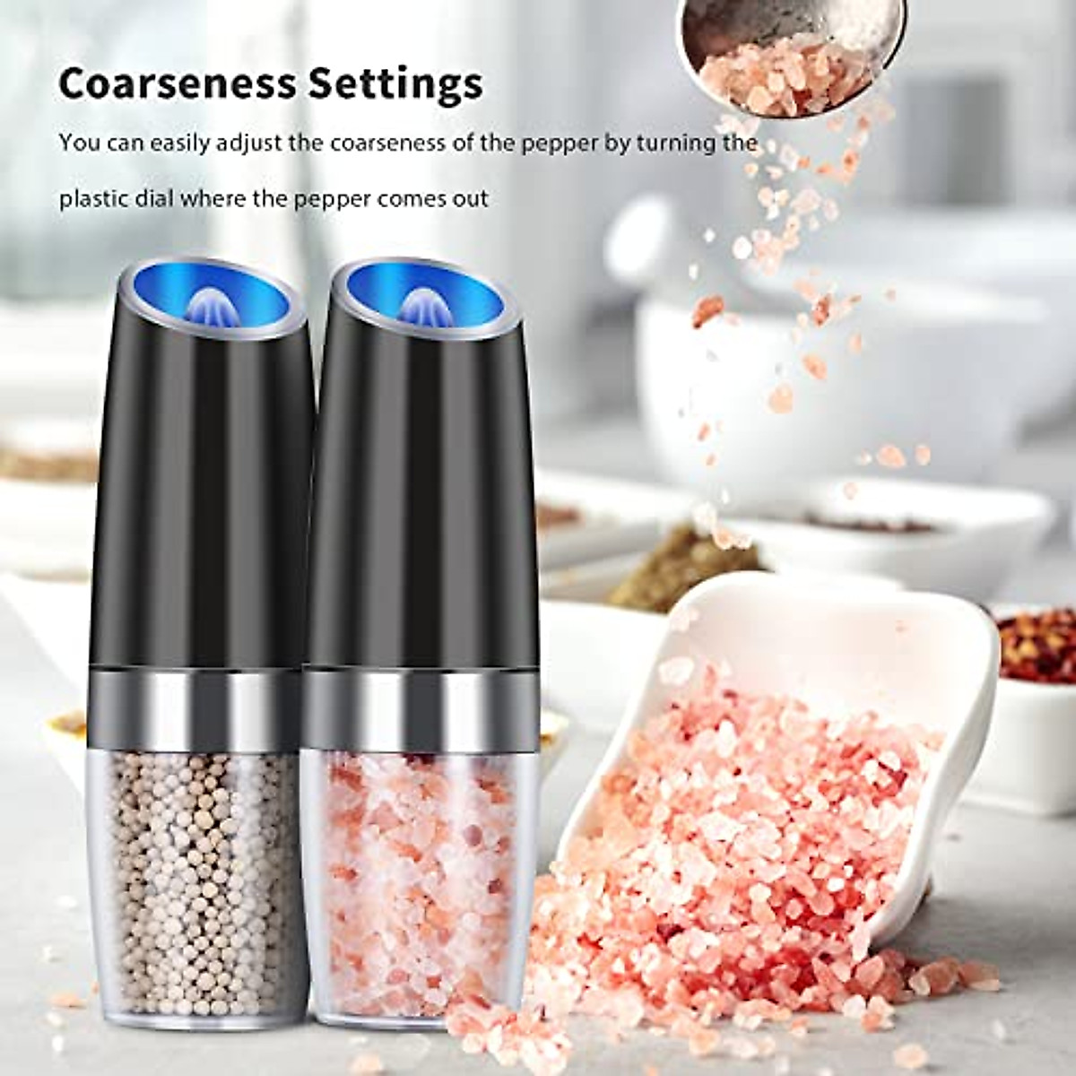 EasyCom Gravity Electric Salt and Pepper Grinder Set, Battery Powered with LED Light, Adjustable Coarseness, One Hand Automatic Pepper Mill Grinder for Kitchen and BBQ, 2 Pack, Black