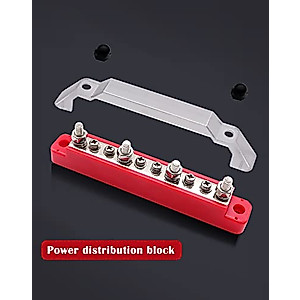 Aienxn Red Battery Bus Bar 4 x M6 Terminal Studs, 6 x M4 Terminal Screws, 12V Power Distribution Block with Ring Terminals for Car, RV, Boat, Marine Q-O-038-10-B-R