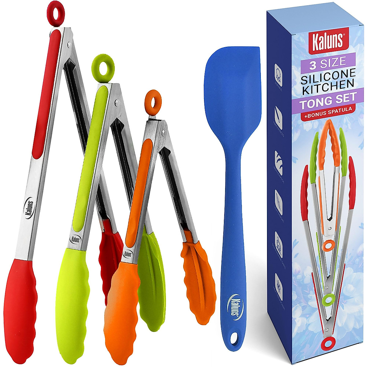 Kaluns Kitchen Tongs for Cooking Grilling Set of 4, BBQ Grill Tongs With Silicone Tip Stainless Steel Heat Resistant, Non-stick Pull Lock, Incl 7, 9, 12 Inch Tong Plus a Silicone Spatula