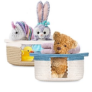 Zannaki Woven Storage Basket, 2 Pack Cotton Rope Baskets, Decorative Organizer Bins with Carry Handles Clear-View Window for Closet, Baby Nursery Blanket, Little Toy, Makeup, Books, Towels, Gadgets