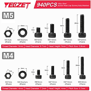 YEEZET M2 M3 M4 M5 12.9 Grade Alloy Steel Hex Socket Head Cap Screws Bolts Nuts Flat Washers Set Assortment Kit with Storage Box, Allen Socket Drive (940 PCS)