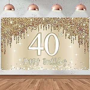 Happy 40th Birthday Banner Backdrop Decorations for Women, Gold White 40 Birthday Sign Party Supplies, Forty Year Old Birthday Photo Booth Background Poster Decor(72.8 x 43.3 Inch)