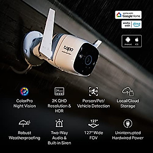 TP-Link ColorPro Wi-Fi Outdoor Camera | Plug-in | Daylight Clarity at Night | 2K QHD | Person/Pet/Vehicle Detection | Local/Cloud Storage | 127° FOV | Built-in Siren | Works w/Alexa & Google Home