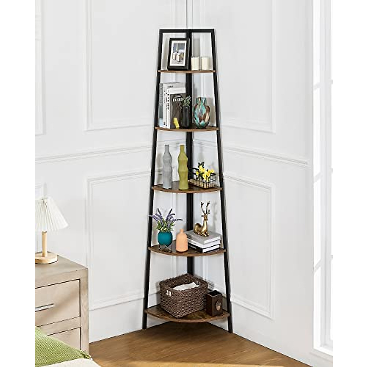 Pshelfy 5-Tier Corner Shelf, Rustic Corner Bookshelf Bookcase Multipurpose Corner Ladder Shelf Plant Stand for Living Room, Kitchen, Home Office Small Space (Brown)