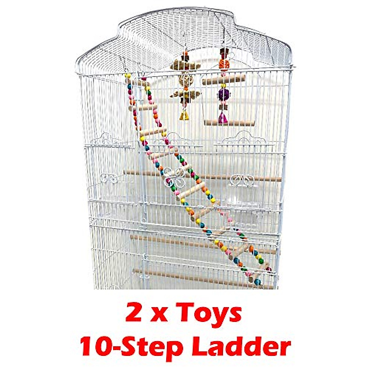 63-Inch Large Flight Bird Cage with Toys and 10-Step Play Ladder for Cockatiel Parakeet Finch Budgie Lovebird Canary Finch Pet Bird Cage with Rolling Stand (White with Toy)