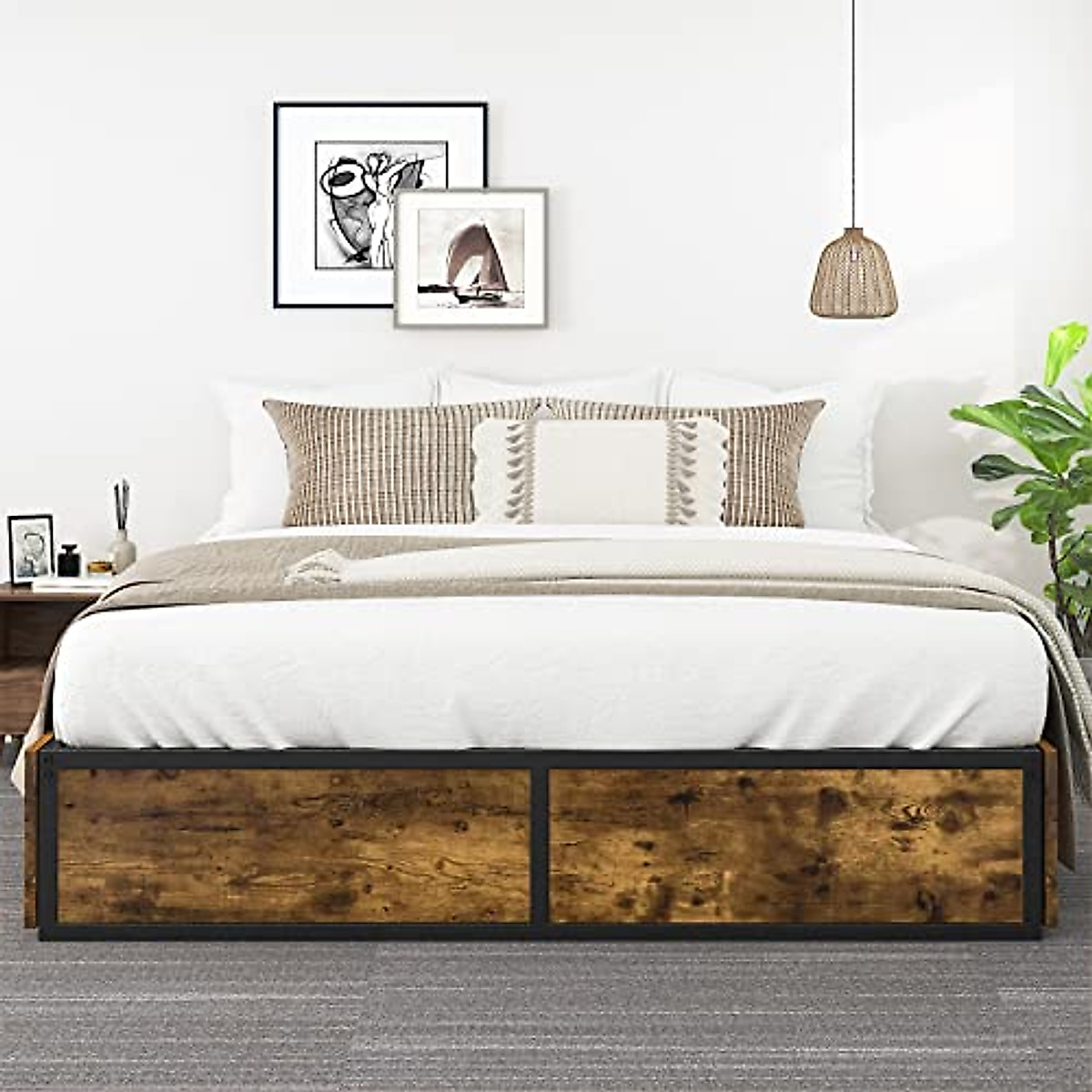 IMUsee Queen Size Bed Frame with 4 Large Storage Drawers, Heavy Duty Metal Platform Queen Bed Frame with 13 Strong Metal Slats Support, Wooden Board Decor, No Box Spring Needed, Noise Free