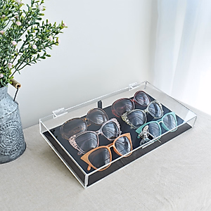 MOOCA Acrylic Rectangular Marketing Holder Locking Security Showcase Safe Box Display Tray, Perfect for Watches Jewelry, Knives, Eyewear with a Key and a Black Padding