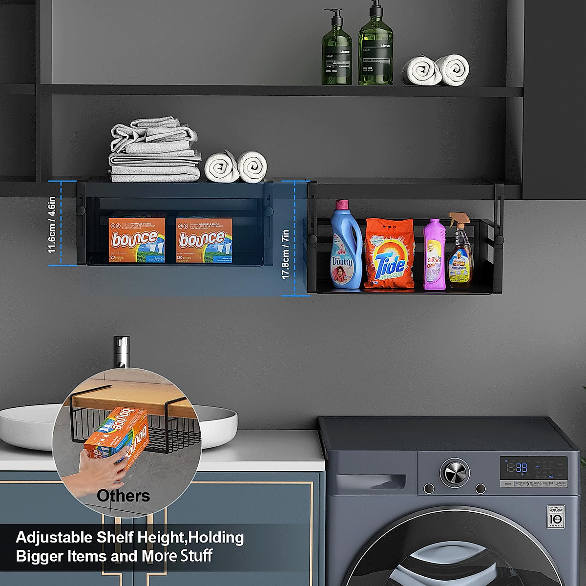 AmonHouseware 2 Pack Under Shelf Storage Basket Organizer,Adjustable Hanging Under Cabinet Add-on Storage Racks Slide-in Baskets Organizer for Laundry Room Kitchen Pantry Desk Bookshelf, Black