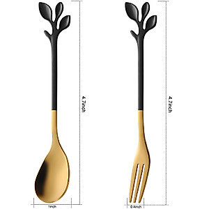 AnSaw 16-Pc Black Mini Leaf Coffee Spoons & Dessert Forks - 4.7" Stainless Steel Cutlery for Tea, Appetizers, Tasting - Party, Charcuterie, Cocktails