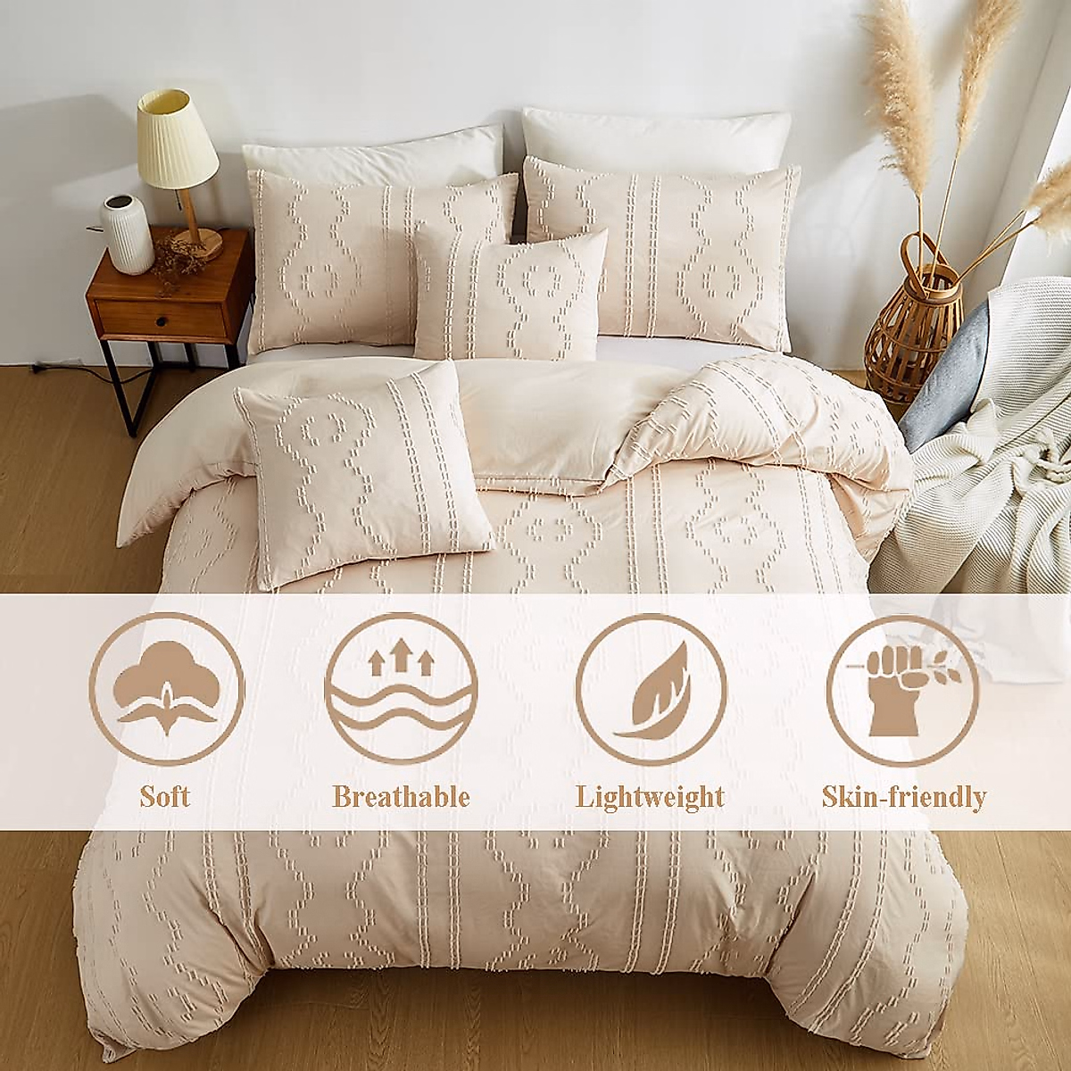 CinYana Boho Bedding Duvet Cover Sets 5 Piece Tufted Comforter Cover Set Shabby Chic Soft Breathable for All Seasons (King/California King, Beige)