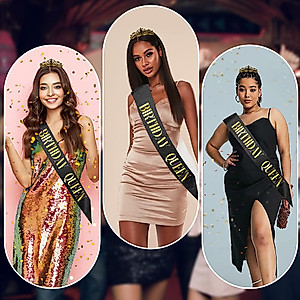 Black Birthday Celebration Set: Sash, Tiara, Headband, and Gold-Accented Decorations for Women