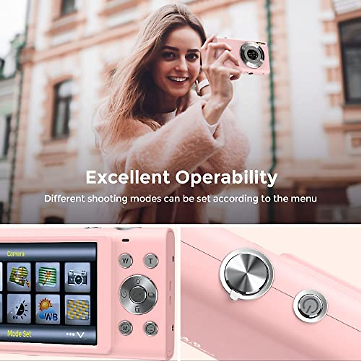 Digital Camera Auto Focus 2.7K Vlogging Camera HD 48MP 16X Digital Zoom Camera with 32G Memory Card 2 Batteries & Charger YouTube Portable Mini Compact Camera for Kids Teens Adult Beginner Pink