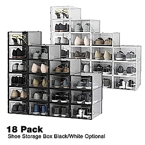 Yescom 18 Pack Shoe Storage Box Clear Shoe Organizer Bins for Closets Stackable Sneaker Container Foldable Home Closet Apartment Use Small Size Black