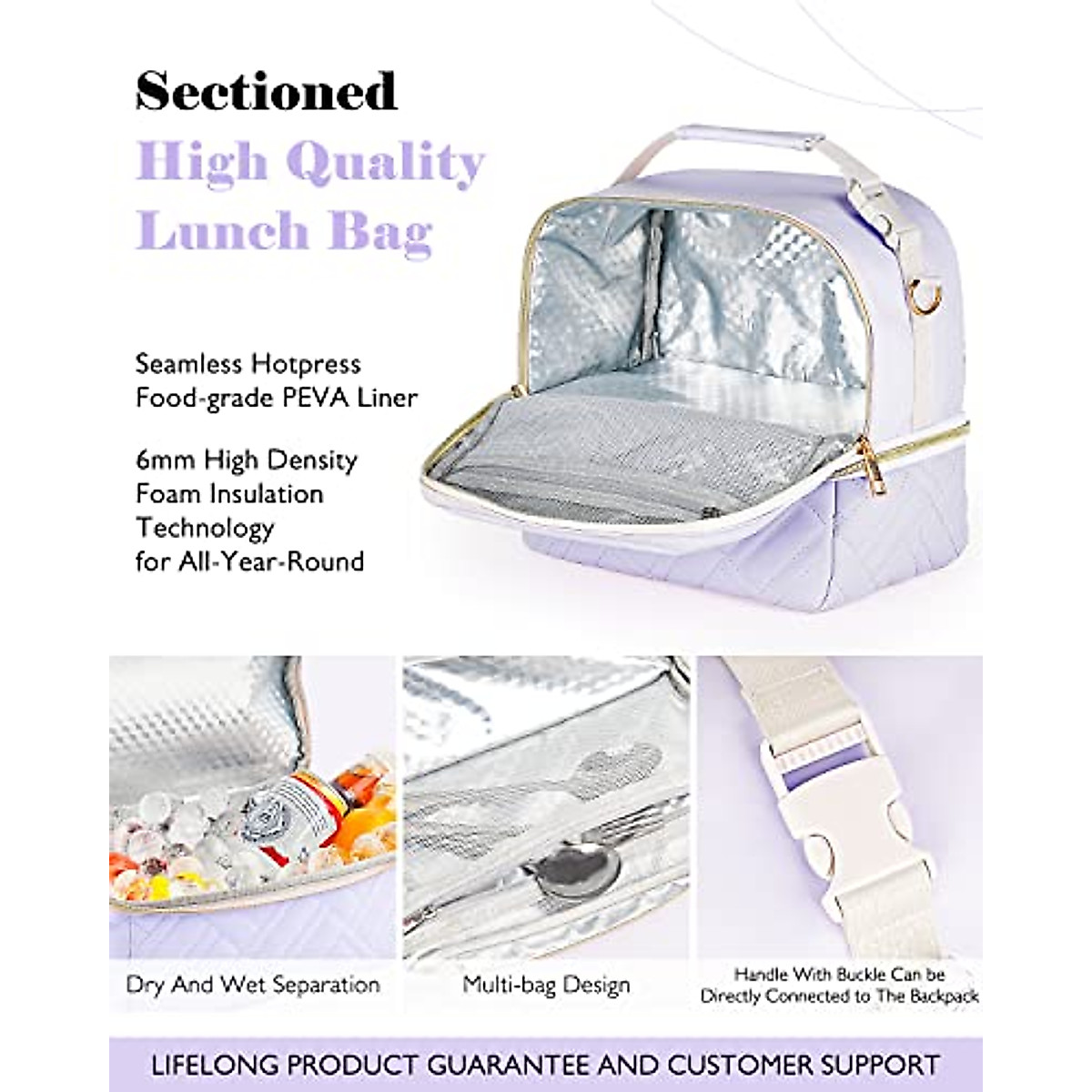 GLORIEROO® Lunch Bag Women Men, Large Insulated Lunch Box Tote Cooler - Stylish Vegan Leather 2 Tier Lunch Bag with Adjustable Shoulder Strap for Adults Travel Work, Purple